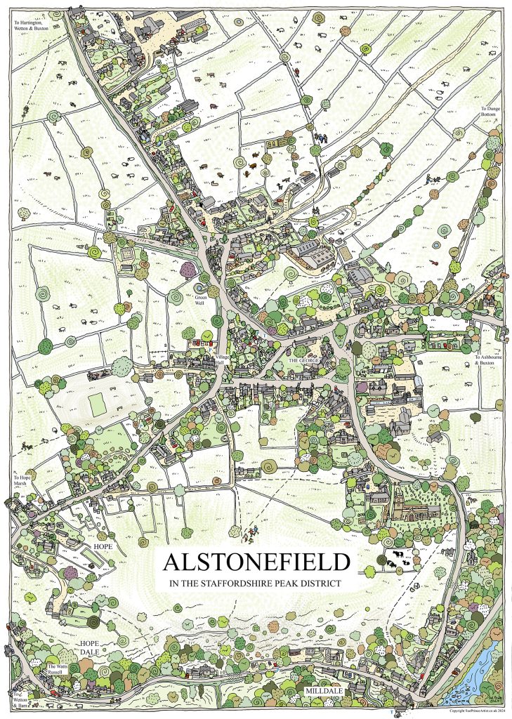 Alstonefield Birds Eye View Map - Sue Prince Artist
